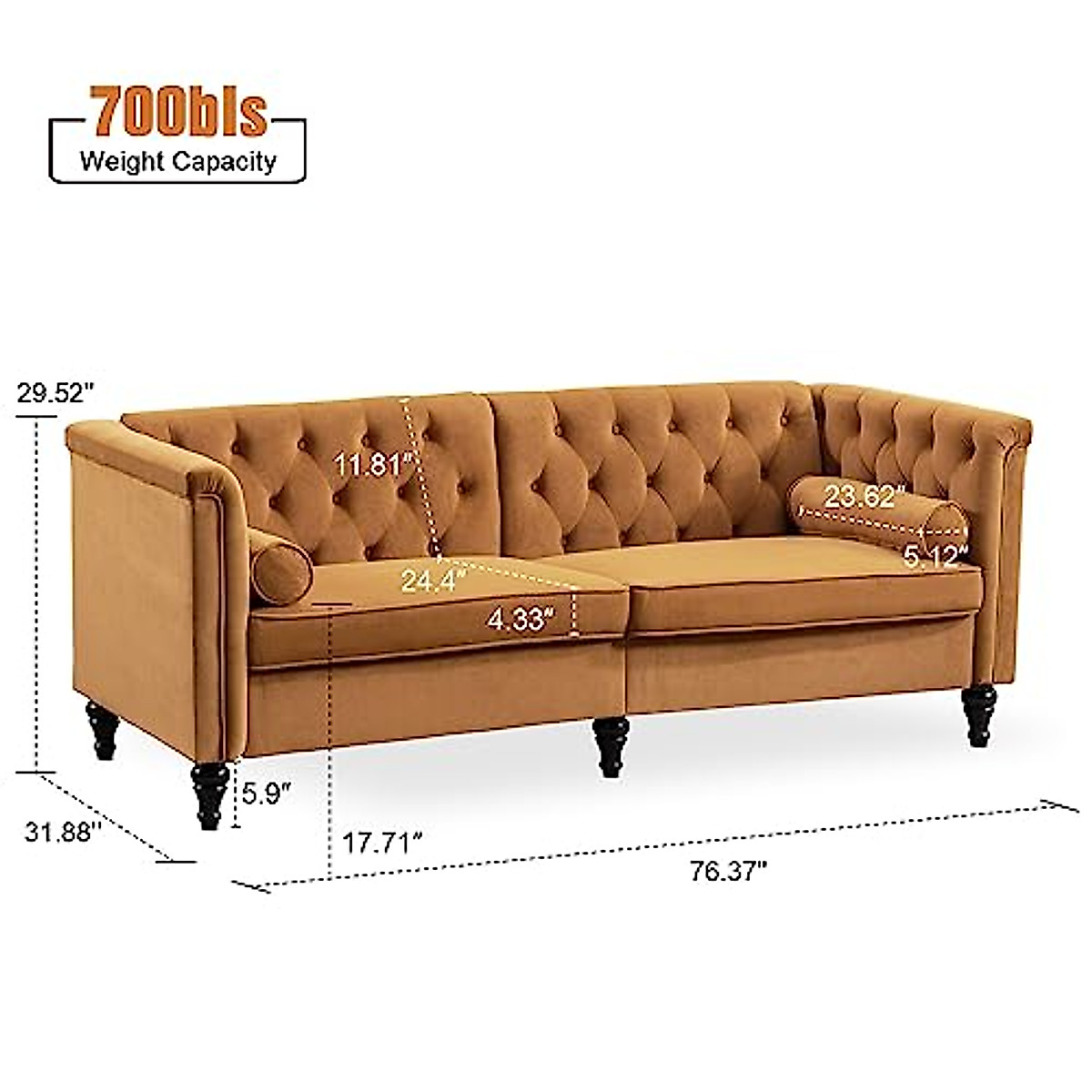 TTGIEET 76'' W Velvet Sofa Mid-Century Modern Love Seats, 3 Seater Sofa Couch with Two Bolster Pillows, Tufted futon Sofa Furniture for Living Room Bedroom Office （Ginger）