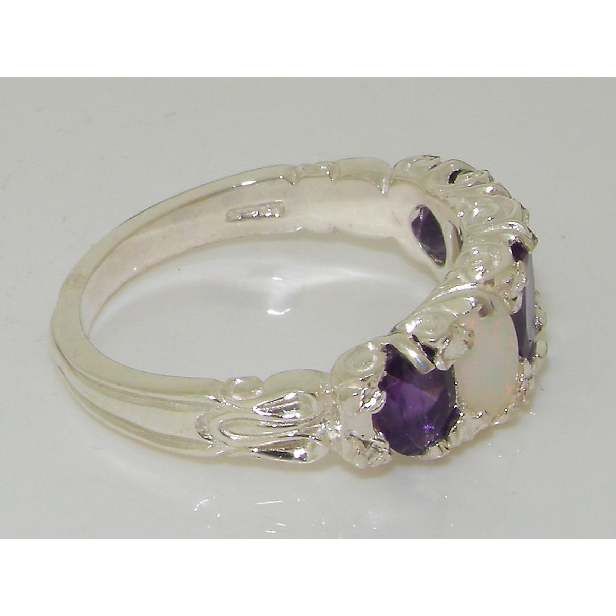 LetsBuyGold 925 Sterling Silver Real Genuine Amethyst and Opal Womens Band Ring - Size 11