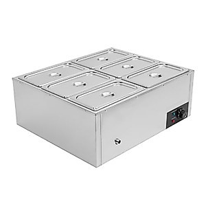6-Pan Commercial Food Warmer, 850W Commercial Food Warmer Steamer Temperature Adjustable, Electric Stainless Steel Countertop for Parties, Catering, Restaurants