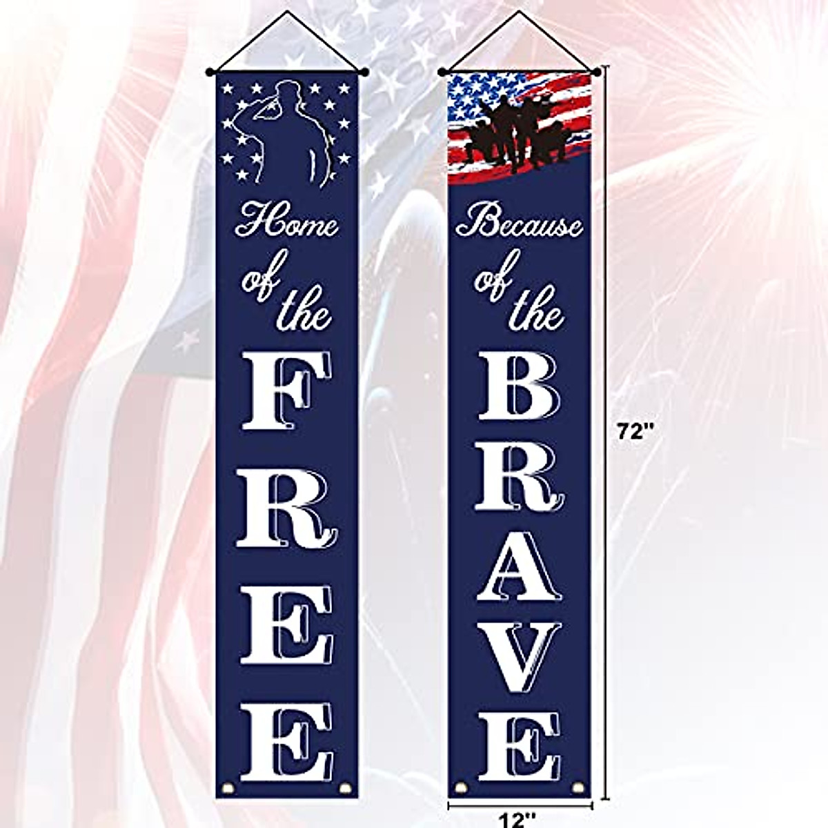 Patriotic Soldier Porch Sign Banners -“HOME of the FREE” and “Because of the BRAVE”- 4th of July Decor - American Flag Hanging Banner for Independence Day/ Memorial Day/ Veterans Day/ Labor Day