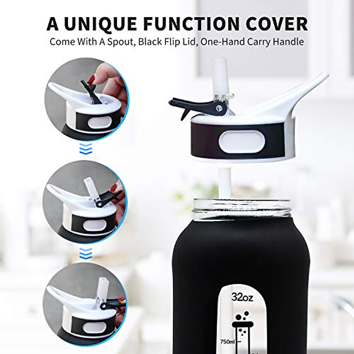 32 Oz Glass Water Bottle with Straw & Silicone Sleeve 100% BPA Free Borosilicate Glass Water Bottle, 1L Wide Mouth Leakproof Lids Motivational Time & Ounce Marker Ensure Track H2o Goal