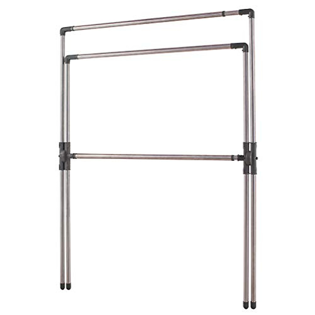 BAOYOUNI Double Poles Folding Clothes Drying Rack Stainless Steel Expandable Rods Space Saving Retractable Heavy Duty Garment Hanger Rail 37'' to 66'', Grey