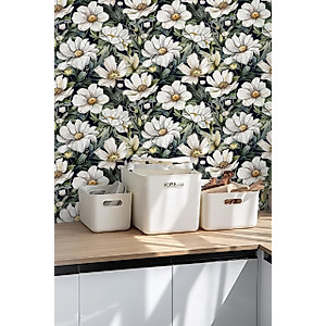 HAOKHOME Floral Wallpaper Peel and Stick Vintage Removable Wall Paper Black/Green/White Stick on Wall Mural Contact Paper 17.7in x 9.8ft