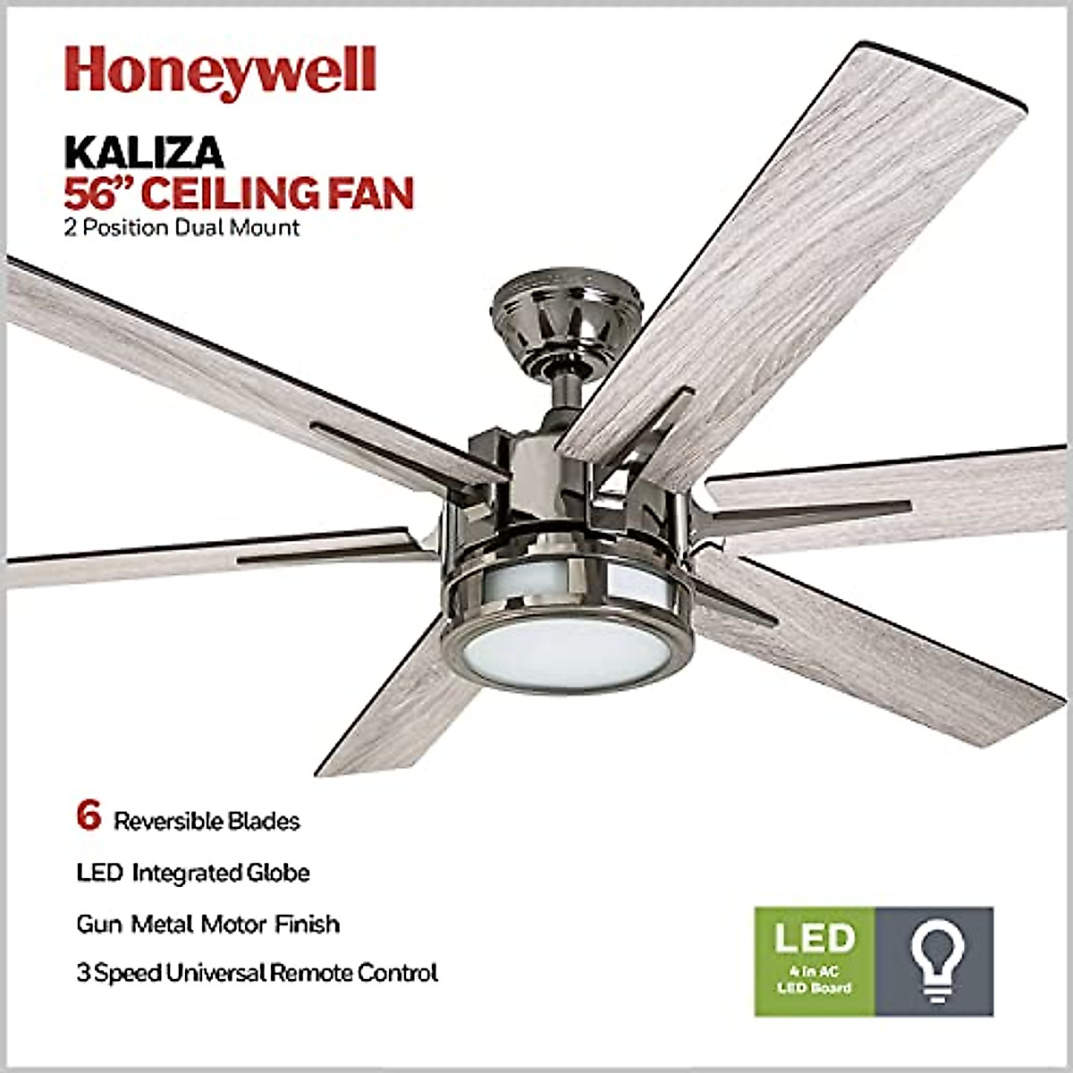 Honeywell Ceiling Fans Kaliza - 56-in Dual Mount Indoor - LED Ceiling Fan with Light - Contemporary Room Fan with Dual Finish Blades - Model 51035-01 (Gun Metal)