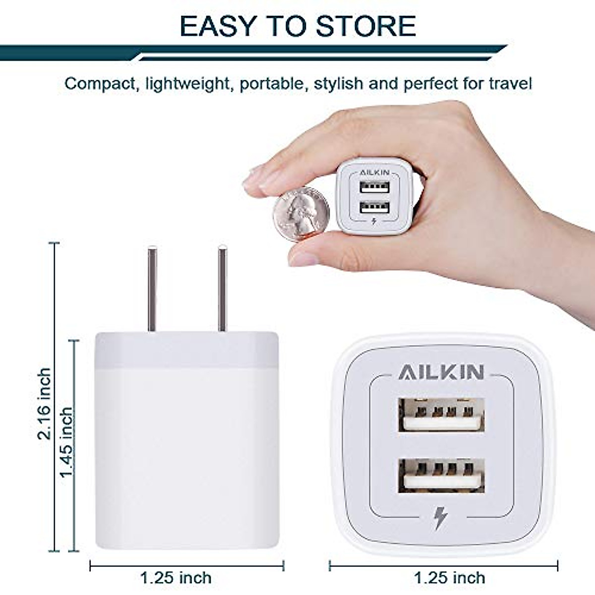 USB Wall Charger, Charger Adapter, AILKIN 2-Pack 2.1A Dual Port Quick Charger Plug Cube for iPhone 14 13 12 11 Pro Max 10 SE X XS 8 Plus Samsung Galaxy S22 S21 S20 Power Block Fast Charging Box Brick