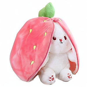 REYBEYOLA Easter Bunny Stuffed Animal Cute Rabbit Plushie Hide-and-Seek Bunny Carrot Strawberry Bunny Pillow Plush Toy for Boys Girls (Pink, 9.84 inch)