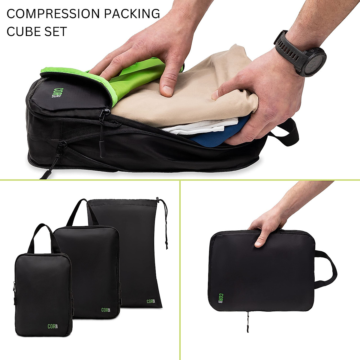 COR Surf Carry On Travel Backpack Bundle | Island Hopper Travel Backpack with Toiletry Bag and Compression Packing Cube Set (38L, Black)