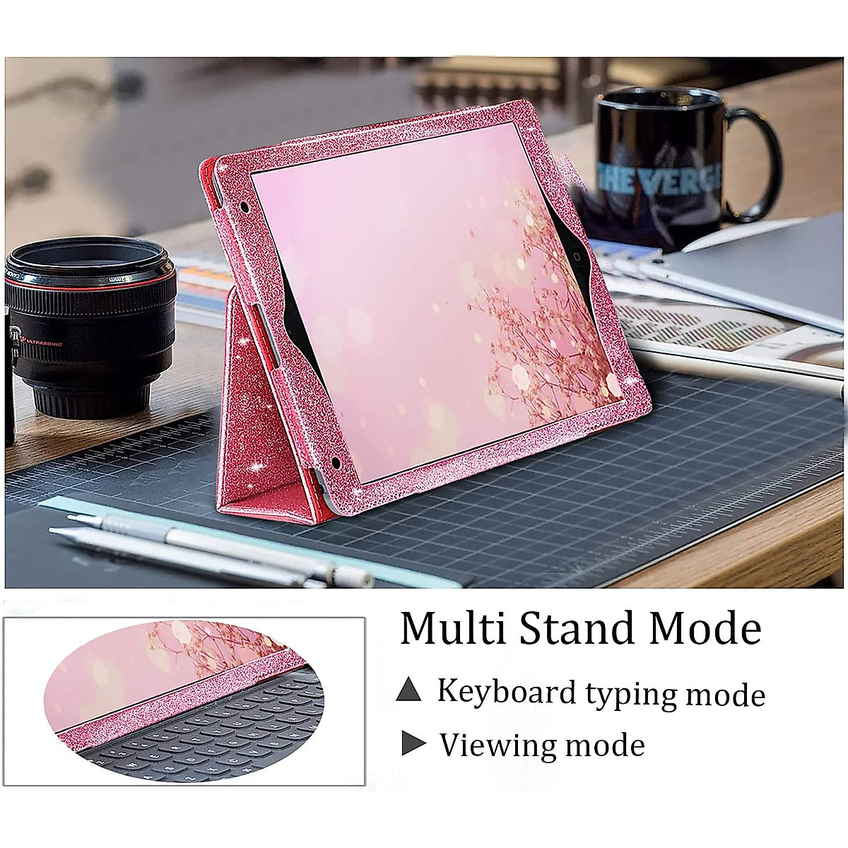 CLARKCAS iPad Air 2 Glitter Case 2014 Release Girls Women Bling Sparkle Leather Bifold Smart Tablet Case Protective Cover with Pencil Holder for Air/Pro 9.7/iPad 2018/2017 9.7 Inch Case,Pink