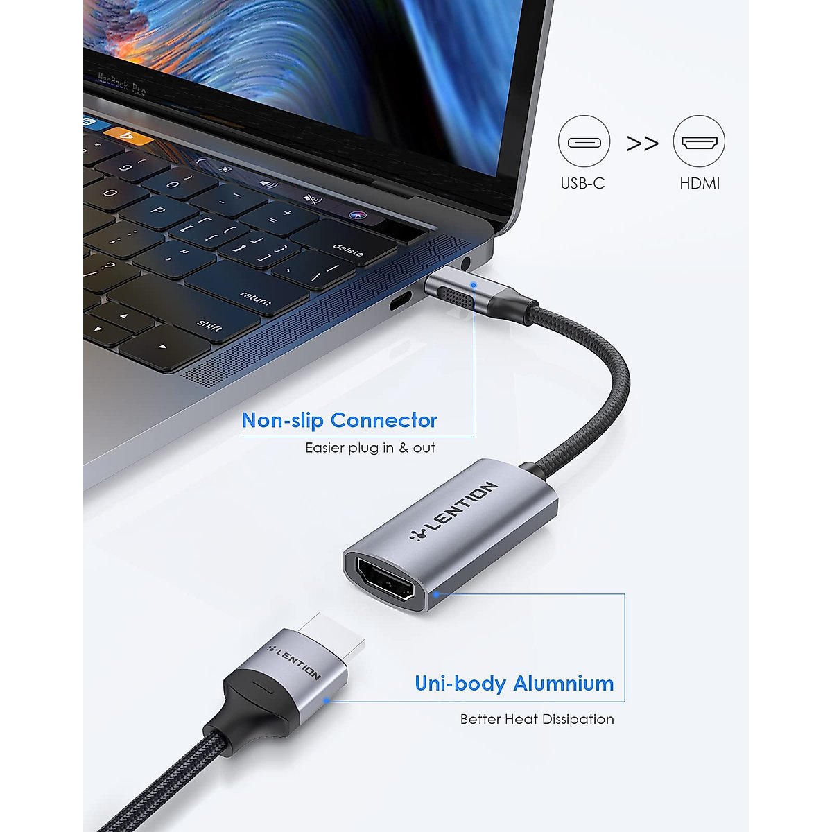 LENTION USB C to HDMI Adapter 4K@60Hz,Thunderbolt 3/4 to HDMI Adapter,HDMI to USB-C Adapter,USB-C Compatible 2023-2016 MacBook Pro,New iPad/Surface/Mac Air,Galaxy,Pixelbook,XPS etc(CU607,Space Gray)