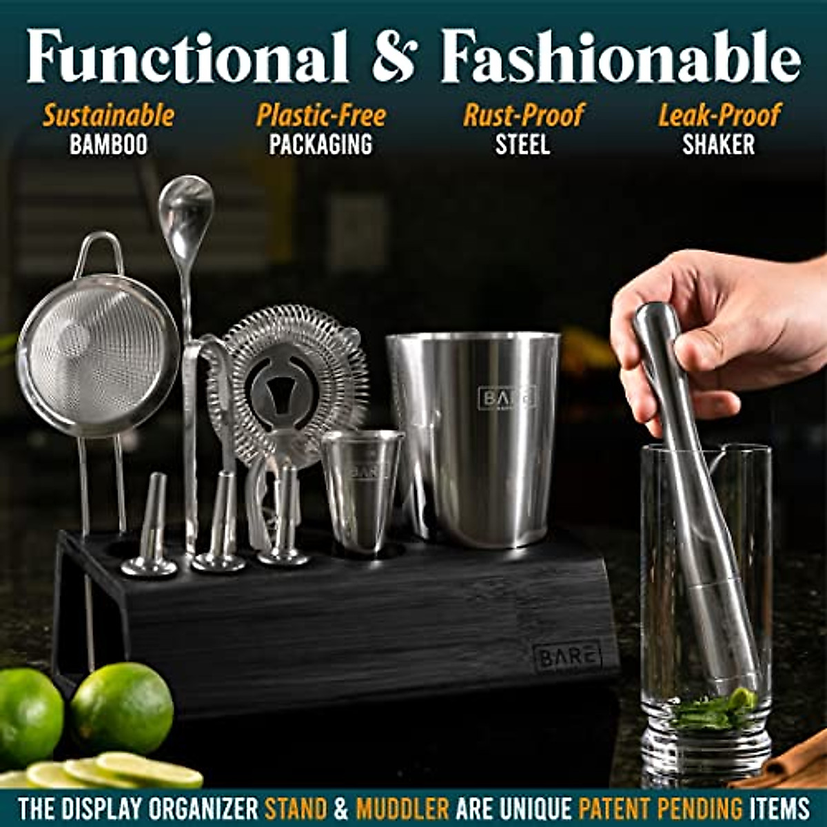 Deluxe Mixology Bartender Kit Bar Set | 14-Piece Martini Cocktail Shaker Set | Professional Barware Mixing Tools for Home Bartending | Bamboo Stand Recipe Cards | Gift Set for Him & Her (Silver Black)