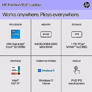 HP Pavilion 15.6" Touchscreen Laptop, FHD IPS Display, 13th Gen Intel Core i5-1335U, 64GB RAM, 1TB SSD, Intel Iris Xe Graphic, Business & Student, Full-Size Backlit Keyboard, WiFi 6, Windows 11Home
