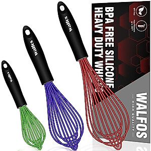 Walfos Silicone Balloon Whisk, Heat Resistant Non Scratch Coated Kitchen Whisks for Cooking Nonstick Cookware, Balloon Egg Wisk Perfect for Blending, Baking, Beating, Set of 3,Red,Blue,Green