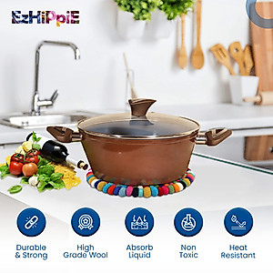 Ezhippie 20 CM Woollen Pot Trivet with Heat Resistance, Handmade Non Slip Pan Holder from Nepal, Trivets for Kitchen, Pots, and Pans Protect Tables and Worktops, Absorbent Felt Ball Pad, Round-1