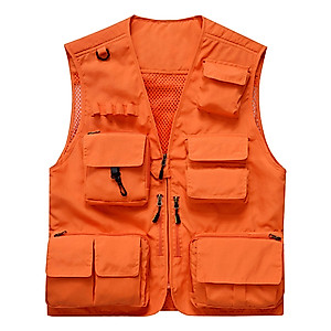 Flygo Men's Casual Lightweight Outdoor Fishing Work Safari Travel Photo Cargo Vest Jacket Multi Pockets(XX-Large, Orange)