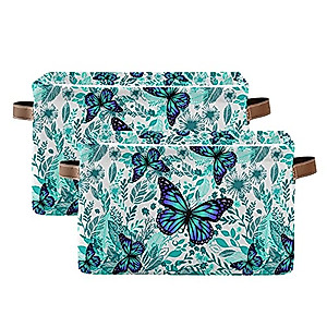 KEEPREAL Blue Butterflies Storage Basket Bin, Large Cube Storage Box Canvas Collapsible Storage Organizer for Home Office Closet - 15 L x 11 W x 9.5 H