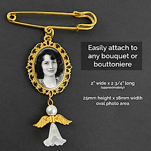 Gold Memorial Wedding Bouquet Photo Charm Pin with Angel Charm for Bride's Flowers on Wedding Day