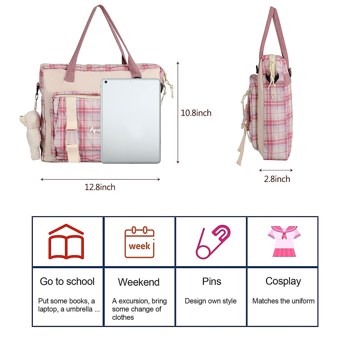 Kawaii Backpack with Bear Plush Pin, Aesthetic Backpack Japanese School Handbag Ita Bag, Back to School Backpack