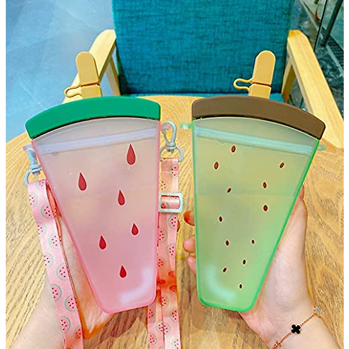 Yunqin plastic water bottle cute watermelon ice cream water bottle with straws anti-fall portable popsicle cup outdoor sports (Green)