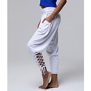 SOMTHRON Women's Casual High Waisted Harem Yoga Pants Loose Fit Lace Up Capris Leggings with Pockets WH-2XL White