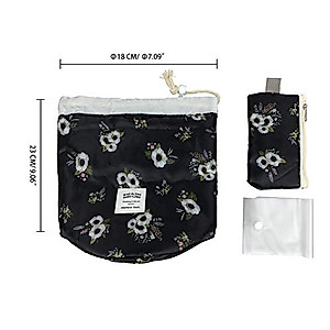 WONSHREE Drawstring Cosmetic Bag Lazy Travel Makeup Bag Barrel Toiletry Bag Organizer Portable Quick Packing Pouch for Women Girls, Black Flowers