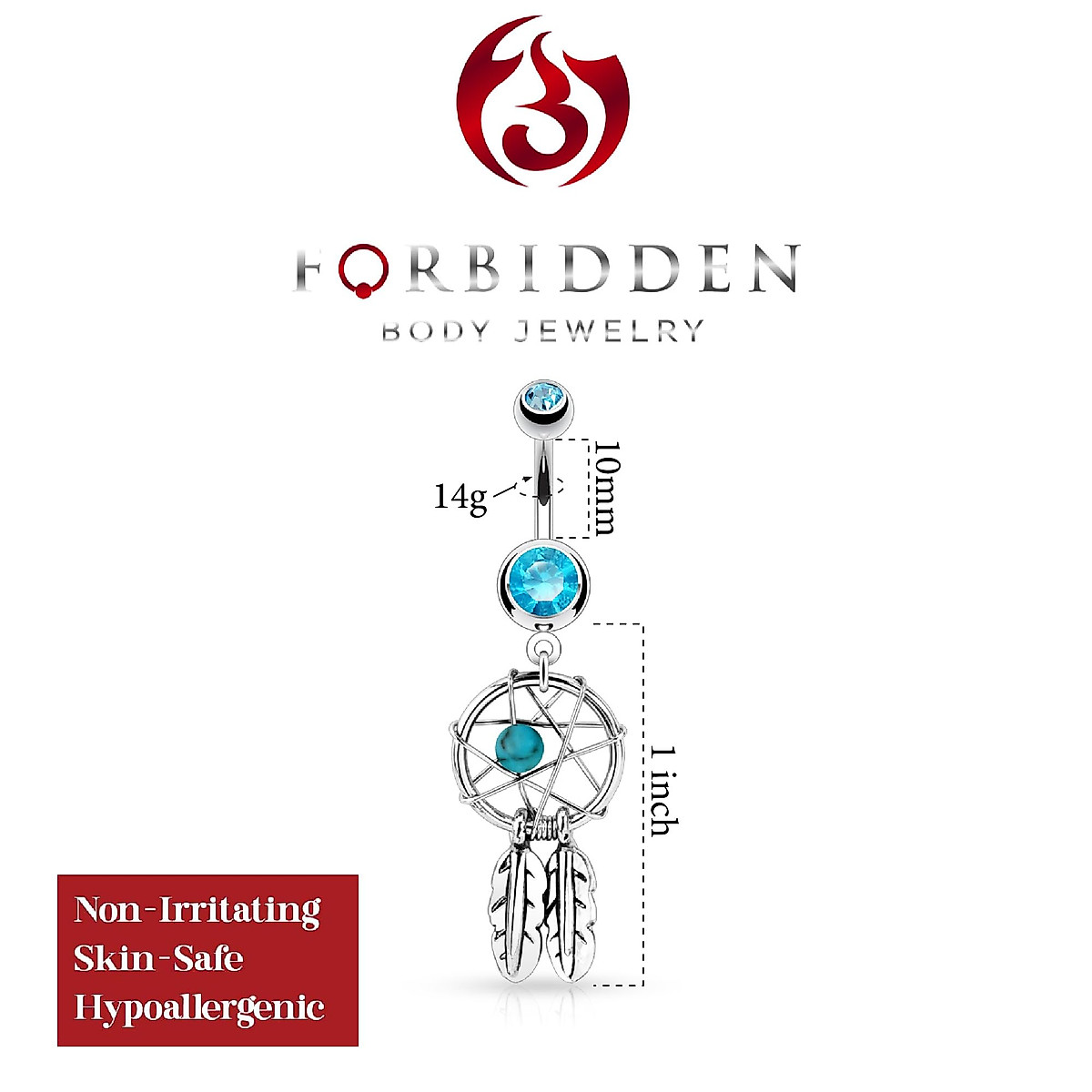 Forbidden Body Jewelry Surgical Steel Double Jeweled Dream Catcher Feathers Dangle Belly Button Ring (Light Blue)