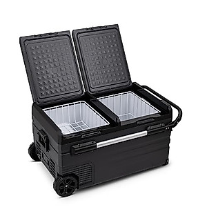 Newair Portable 80 Qt. Electric Car Camping Cooler with 4 Battery Protection Modes, Dual Zone Fridge and Freezer Storage, Retractable Handle, Outdoor Wheels and Rugged Construction