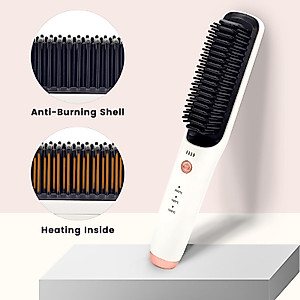 Cordless Hair Straightener Brush, Portable Straightening Brush, Long-Life Battery with USB-C Rechargeable, Anti-Scald, Portable for Travel, Hot Comb Hair Straightener for Women(Bright White)