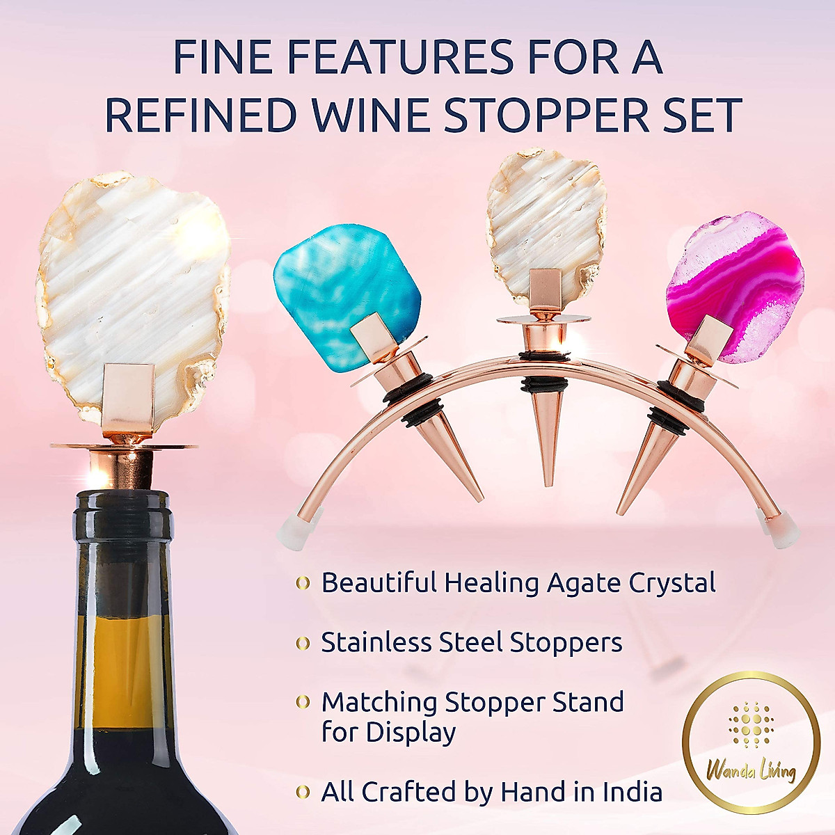 Wine Stoppers, Decorative Wine Bottle Stoppers with Rose Gold stand. Set of 3 Crystal Wine Corks, Stainless steel Champagne Toppers, Wine accessories, gift and more by Wanda Living