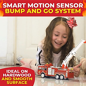 Toysery Fire Truck Toy with Flashing Lights & Siren Sounds for Kids, Extendable Rotating Ladder, Bump and Go Action, Role Play Toy for Boys & Girls, Kid Car Toy Trucks, Ages 3-7+