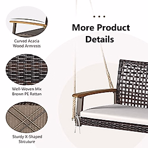 Tangkula 2 Person PE Wicker Porch Swing Bench, Outdoor Hanging Swing with Soft Seat Cushion and Hanging Ropes(Length of 118" for Each Chain), 800 LBS Weight Capacity (Off White)