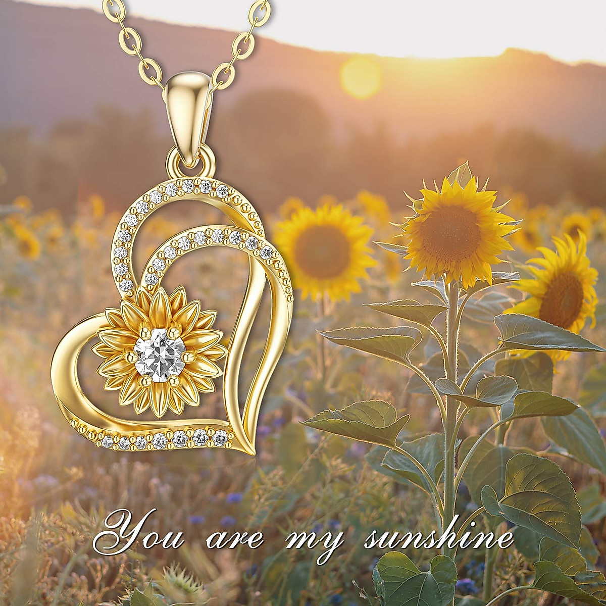 MOTIEL Sunflower Necklace 14K Yellow Gold Flower Pendant Necklace Moissanite Jewelry Flame Necklace-You are My Sunshine- Gift for Women Daughter Wife Birthday (Heart Sunflower)