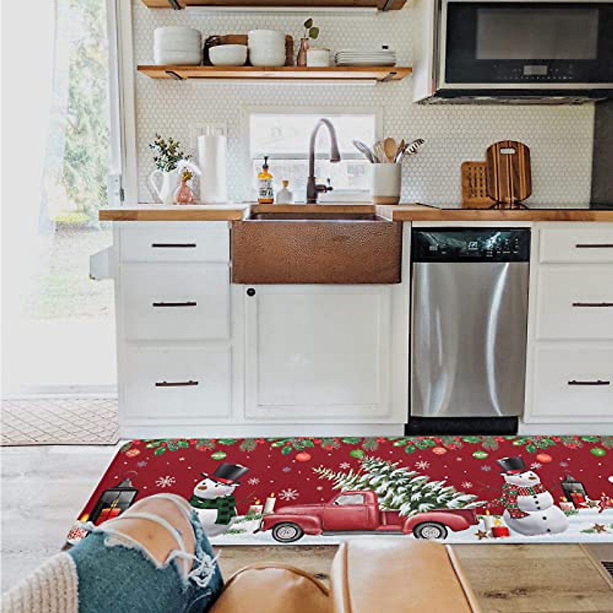 Libaoge Kitchen Mat Rug 1 PCS Christmas Snowman Bird Truck Xmas Tree Red Runner Rug Anti-Fatigue Comfort Memory Foam Standing Mat Non-Slip Floor Door Mat for Bathroom Bedroom 24x71in