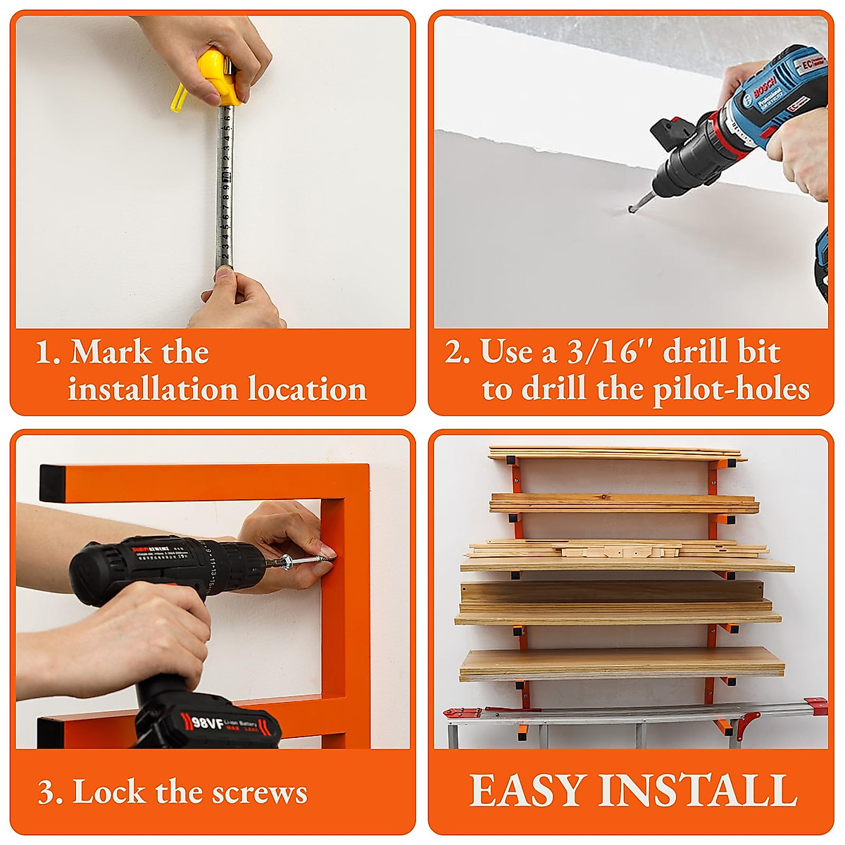 MOOMSINE Lumber Storage Rack Wall Mount, Heavy Duty Metal Wood Organizer with 6-Level Each Shelf Holds Up 200 Lbs, Indoor & Outdoor Use - 4pack