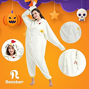 RESSBER Unisex Adult Onesie Pajamas Animal One Piece Halloween Costume Christmas Sleepwear Jumpsuit (White Chicken, Medium)