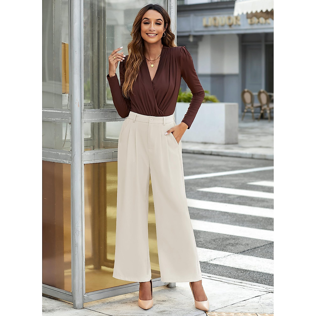 GRAPENT Fall Women's Stretchy Work Pants - White High Waisted Palazzo Slacks - Size 8, 10