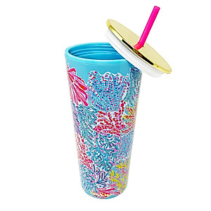 Lilly Pulitzer Double Wall Tumbler with Lid and Reusable Straw, Insulated Travel Cup Holds 24 Ounces, Splashdance