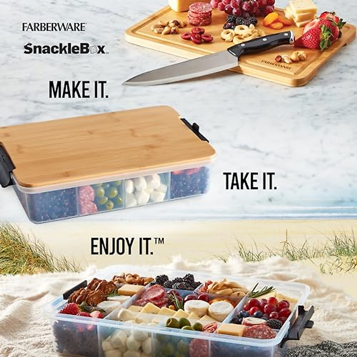 Farberware Build-a-Board Snacklebox with Locking Bamboo Cutting Board Lid, Portable Charcuterie Storage with Compartments,Make it. Take it. Enjoy it., 11x16-Inch, Natural