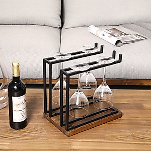 MyGift Industrial Metal Wine Glass Rack Holder Stand with 2 Hanger Bars and Rustic Wooden Base, Countertop Hanging Stemware Holder