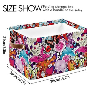 Skull Flowers Butterflies Storage Basket Bins Foldable Toy Baskets Organization with Handles Laundry Hamper for Home Boys Girls Office Closet Shelf Nursery Baskets,1 pcs