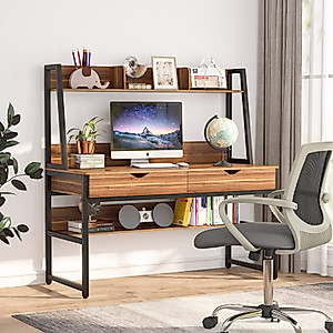 Tribesigns Large Computer Desk with Bookshelf and Drawers, Writing Desk Gaming Gamer Table with Storage and Hutch, 47 “Wood and Metal Craft Table for Home Office