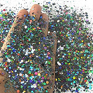 LuckForever 150g Holographic Black Chunky Glitter Flakes Mixed Hexagon Shape Nail Glitters Confetti Craft Sequins Manicure Sticker Accessories for Resin/Crafts/Nails/Body/Makeup