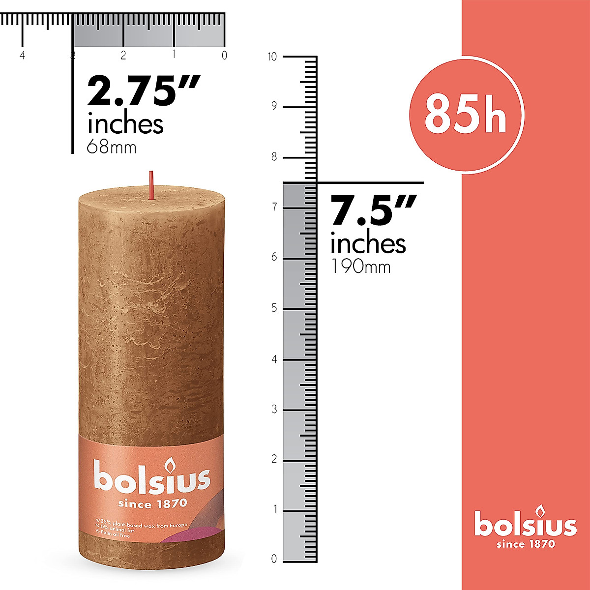 BOLSIUS 4 Pack Spice Brown Rustic Pillar Candles - 2.75 X 7.5 Inches - Premium European Quality - includes Natural Plant-Based Wax - Unscented Dripless Smokeless 85 Hour Party Décor Candles