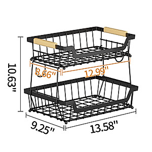 GILLAS 2 Tier Countertop Fruit Basket with 2 Banana Hangers for Kitchen, Detachable Metal Organizer for Bread Vegetable Fruits with Wooden Handle, Large Capacity Rectangular Storage Stand Bowls, Black