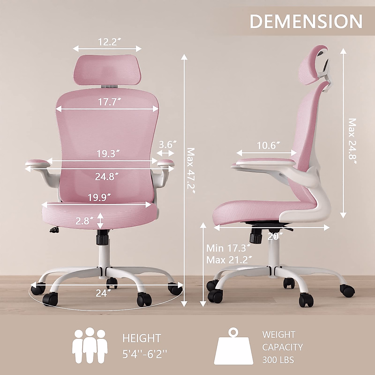 Office Chair, High Back Ergonomic Desk Chair, Breathable Mesh Desk Chair with Adjustable Lumbar Support and Headrest, Swivel Task Chair with flip-up Armrests, Executive Chair for Home Office
