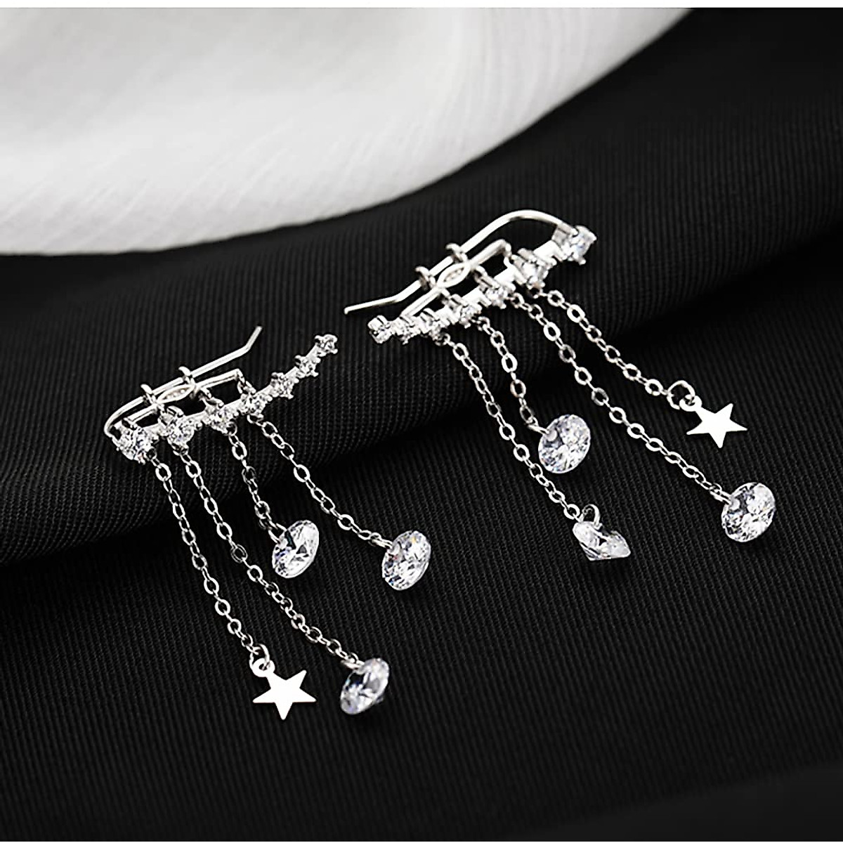 Reffeer Solid 925 Sterling Silver Crawler Earrings Tassel Chain Dangle for Women 7 Crystal Cuff Earrings Chain Wraps Climber