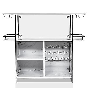 Furniture of America Linda Glam Faux Marble Multi-Storage Bar Table with Comfortable Footrest for Dining Room, Kitchen, White and Chrome