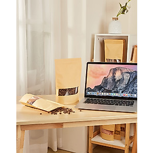 FireKylin 100 Pcs Kraft Paper Bags with Window, 6.3" x 8.6" Stand Up Pouches Bags, Zip Lock Food Storage Bags for Packaging Products, Reusable, Sealable