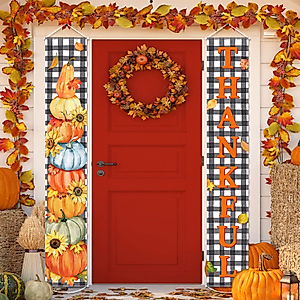 Tiamon Thanksgiving Door Banners Thankful Fall Porch Sign Banners Welcome Pumpkin Hanging Banners Autumn Harvest Door Decorations Thanksgiving Decors for Yard Indoor Outdoor Wall Party Supplies Decor