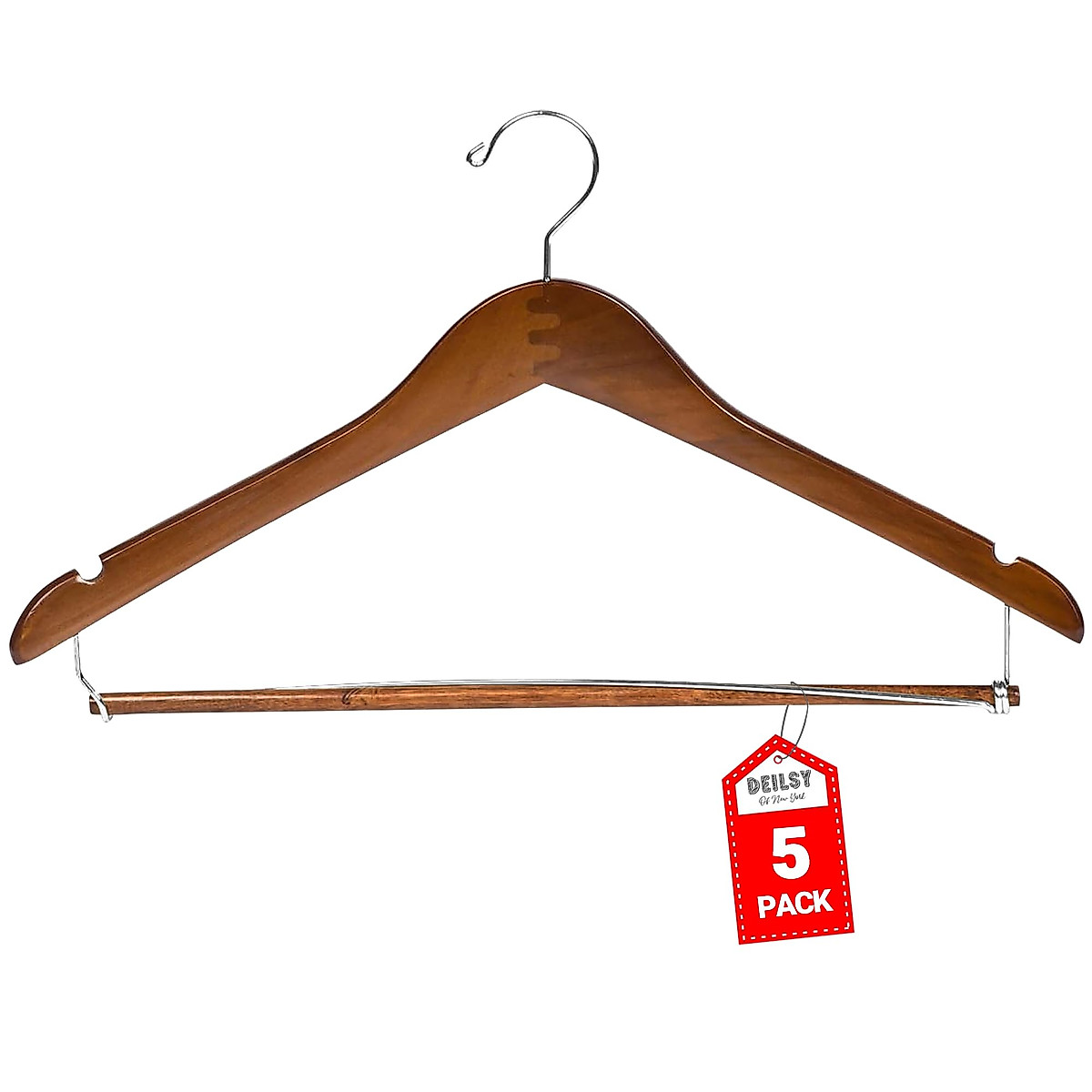 DEILSY™ Suit Hangers for Men with Open Bar 5 Pack - Premium Brown Wooden Pants Hangers - Durable Suit Hangers for Closet Organization - Jacket Hanger Wide Thick Hangers Wood Clothes Hangers