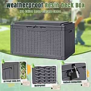Greesum 100 Gallon Resin Deck Box Large Outdoor Storage with Cushions for Patio Furniture, Garden Tools, Pool Supplies, Weatherproof and UV Resistant, Lockable, Gray